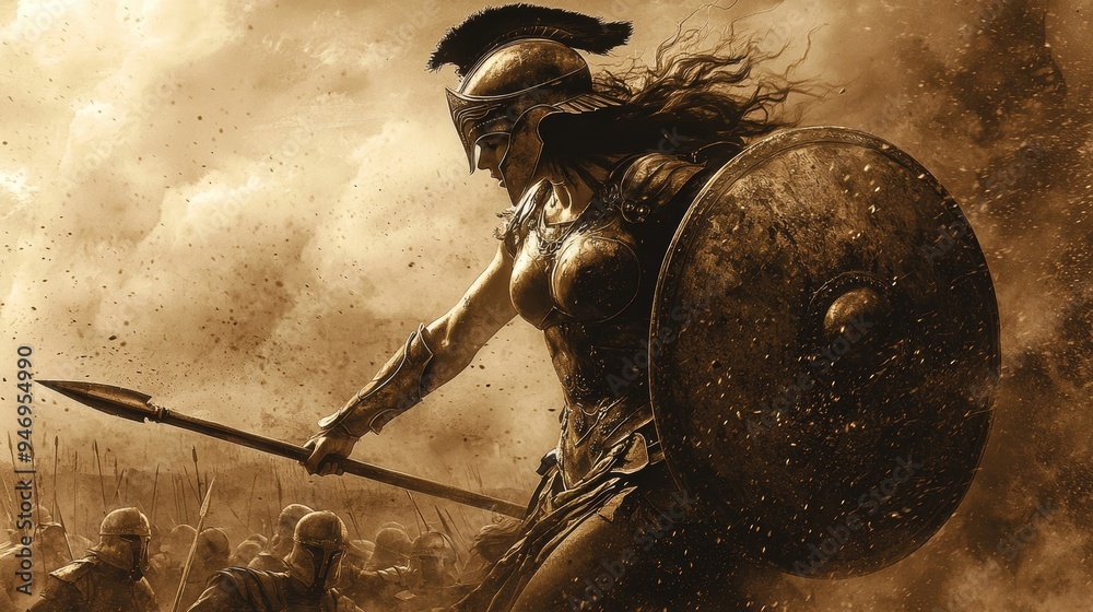 A dynamic depiction of Athena in battle, leading warriors into combat ...