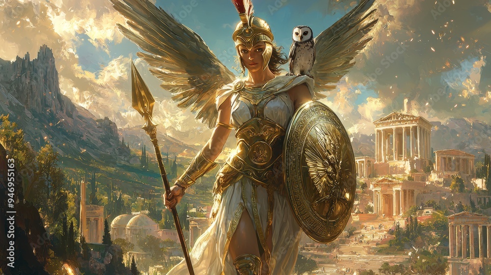 A majestic illustration of Athena, the Goddess of Wisdom, standing tall ...