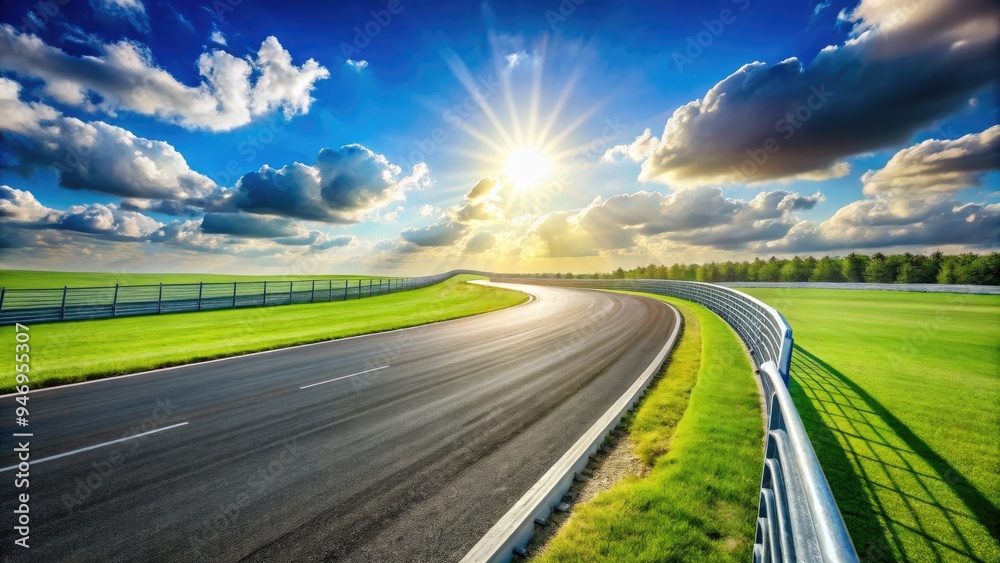 Sun-drenched asphalt race track stretches into the distance, lined with ...
