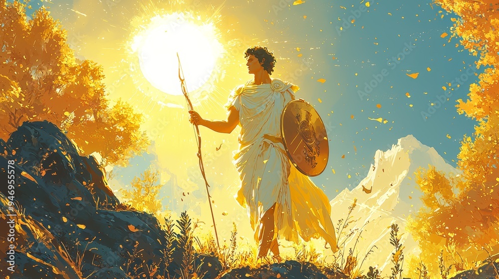 A radiant illustration of Apollo, the God of the Sun, standing tall ...