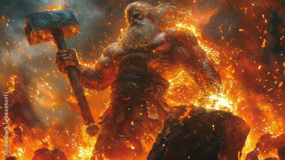 A powerful illustration of Hephaestus, the God of Fire and Forge ...