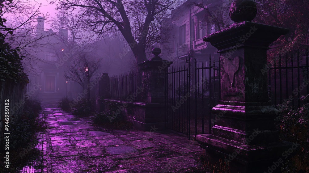 Gothic Twilight's Embrace: A cobblestone path disappears into the ...
