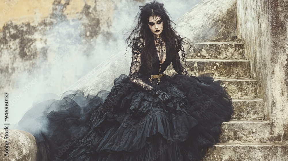 Gothic Bride on Stone Stairs: A captivating image of a mysterious bride ...