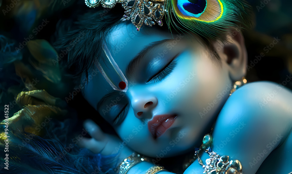 Cute little sleeping baby Krishna with blue skin and peacock feather ...