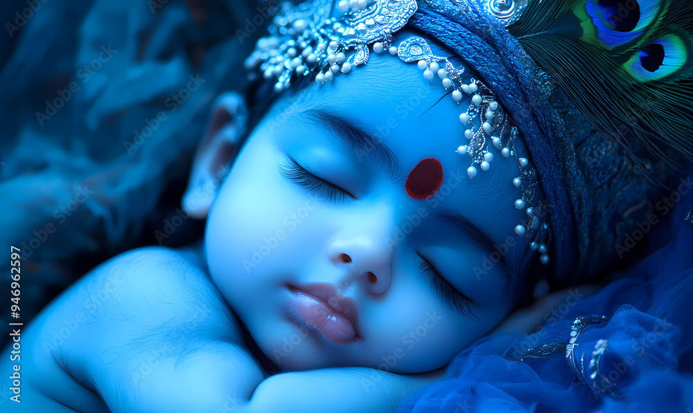 Cute little sleeping baby Krishna with blue skin and peacock feather ...
