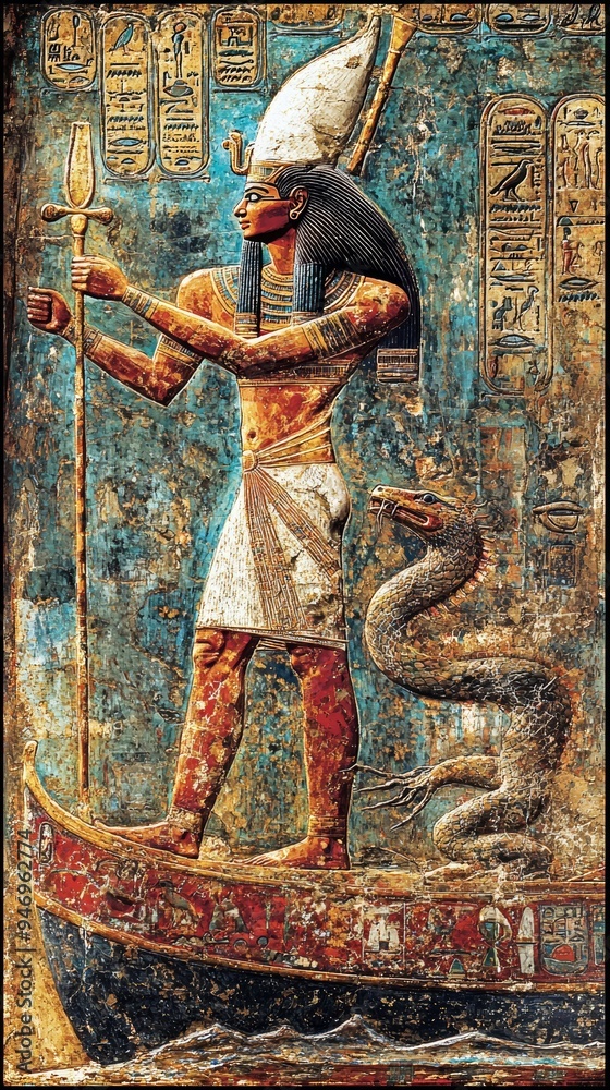 A dynamic scene of Ra journeying through the underworld on his solar ...