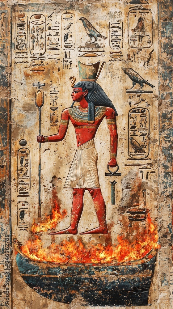 A dynamic scene of Ra journeying through the underworld on his solar ...