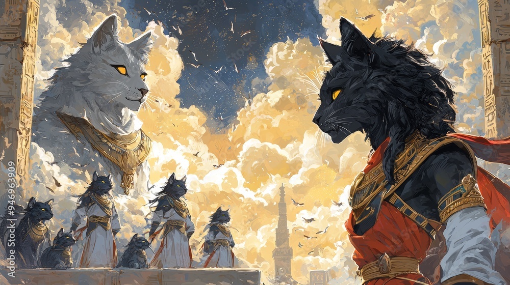 An artistic depiction of Pasht transitioning from her gentle form as ...