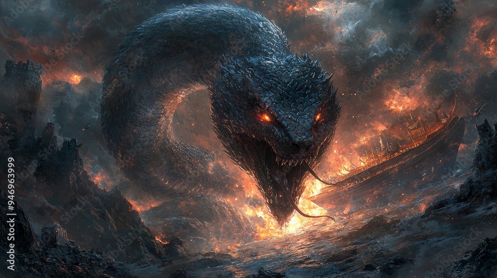 A dramatic illustration of Apophis, the Serpent of Chaos, coiling ...