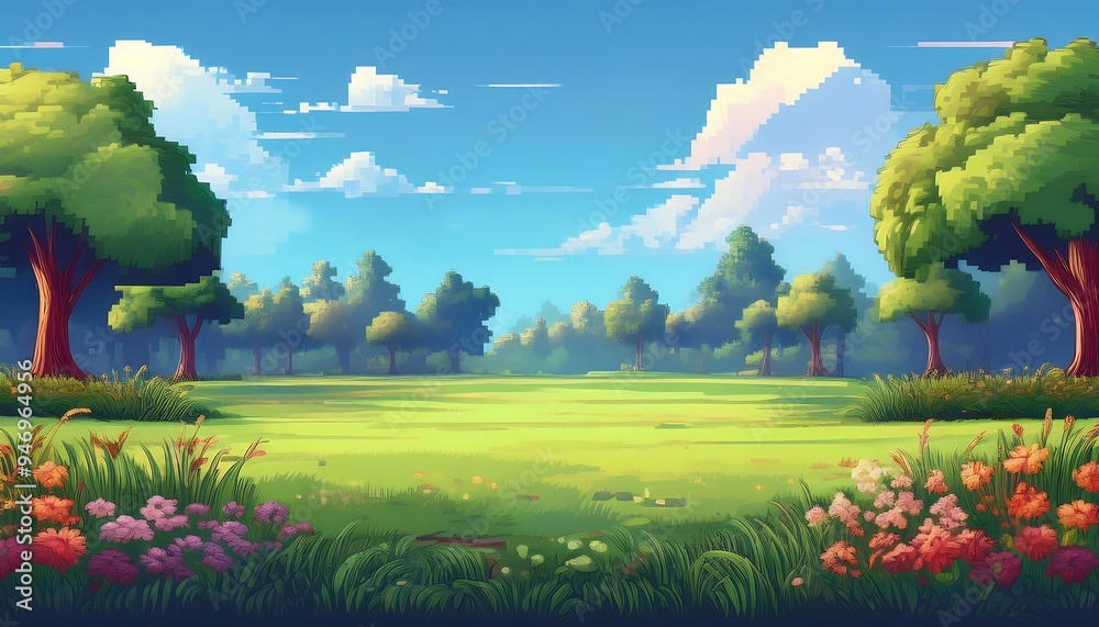 Pixel Art Park Background - pixelated game background showing a park ...