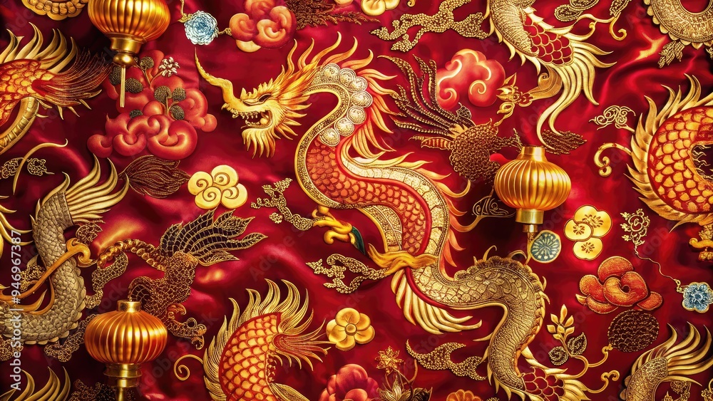 Vibrant crimson and gold silk fabric with intricate dragon and phoenix ...