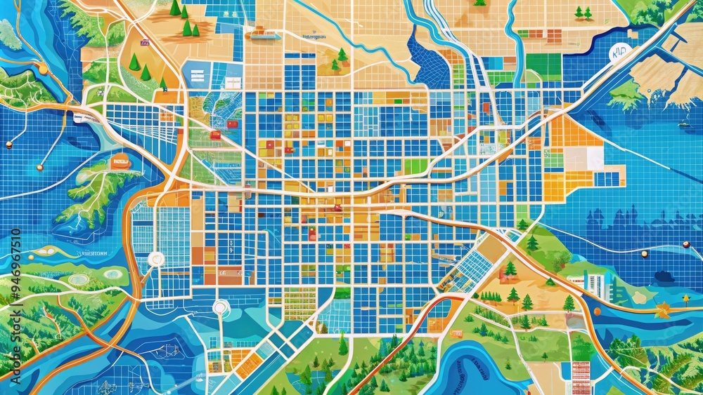 Vibrant, detailed map of Denver, Colorado highlights city streets ...