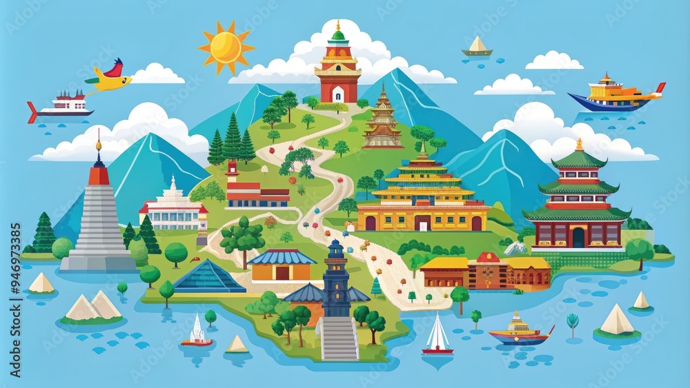 Vibrant illustrated map of Nepal features colorful vectors, iconic ...