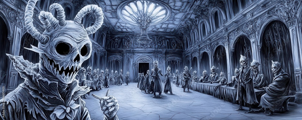 A nightmare-inspired masquerade ball, with guests wearing terrifying ...