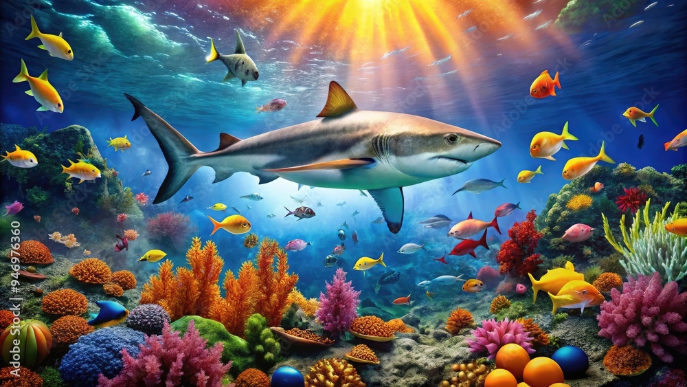 Vibrant ocean scene featuring a majestic shark swimming amidst a coral ...