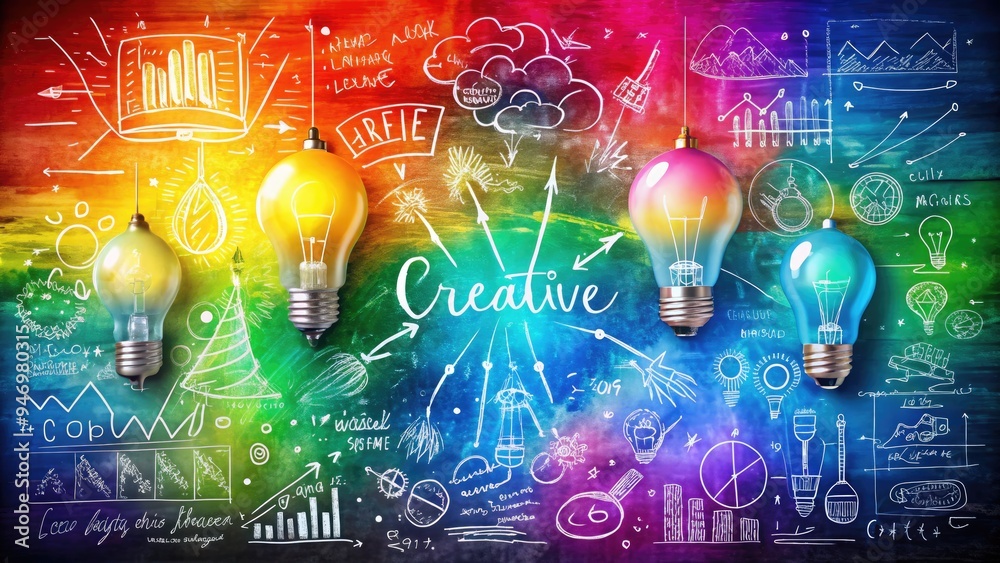 Vibrant rainbow-colored background with scribbled white text and messy ...