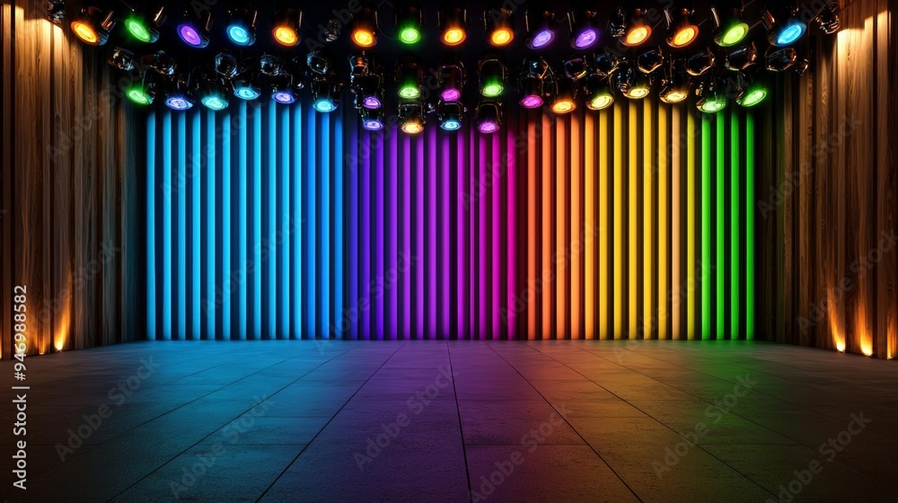 Poster Rainbow-colored lights in vertical stripes, pulsating with ...