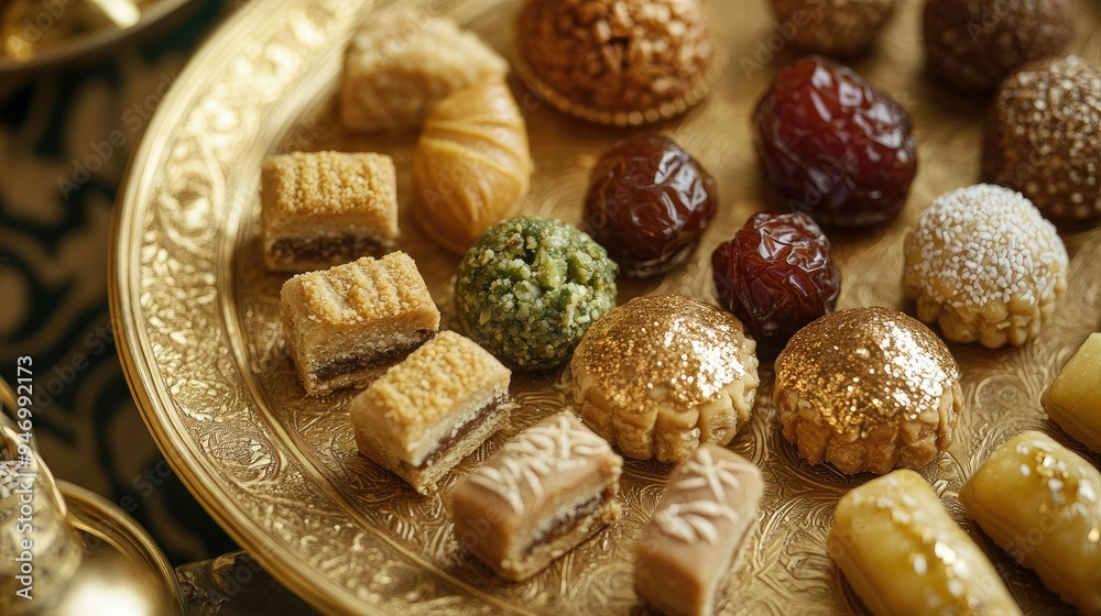 Assorted Arabic sweets like Kunafa and Maamoul, filled with dates and ...