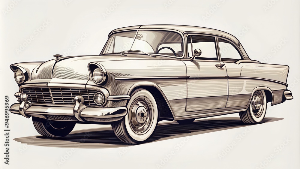 Vintage line drawings of iconic automobiles from the 50s and 60s ...