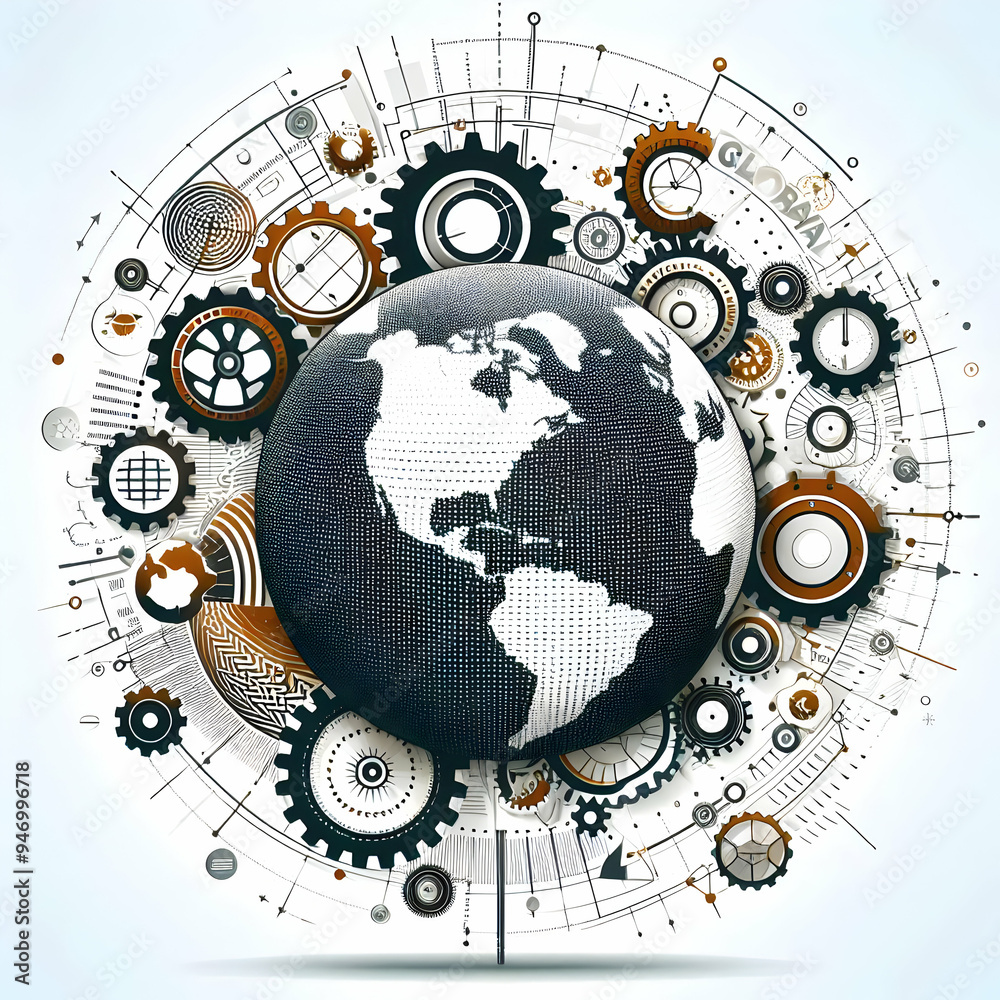 Abstract Vector of Globe and Gears: Global Concept in Operational Management - Vector Design of ...