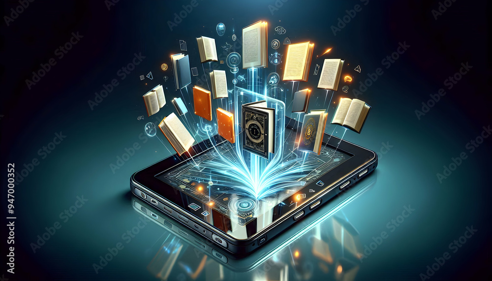 E Reader with Holographic Book Selection - Modern Design with Glowing ...
