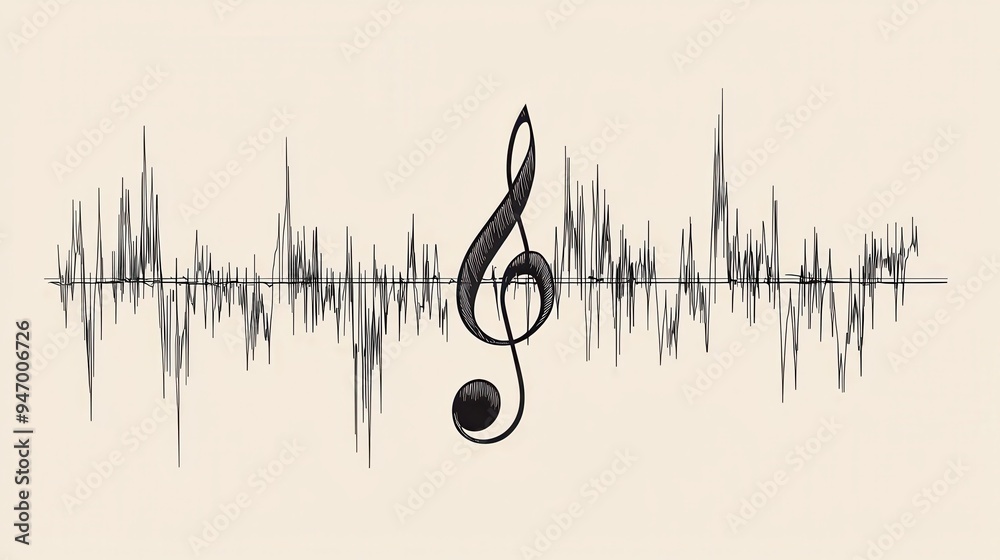 music note in the middle of an ekg rhythm, lineart, black, isolated on ...