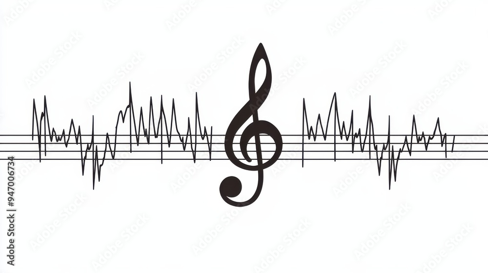 music note in the middle of an ekg rhythm, lineart, black, isolated on ...