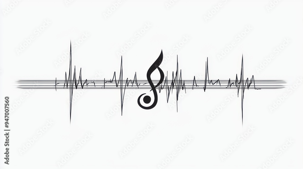 music note in the middle of an ekg rhythm, lineart, black, isolated on ...