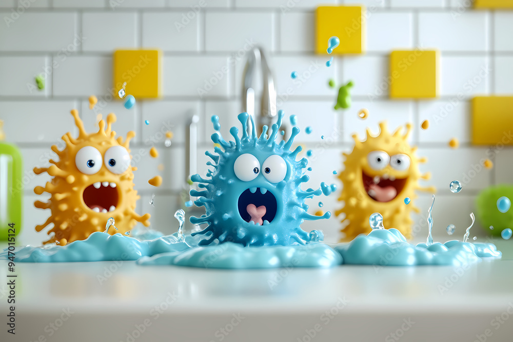 Funny cartoon pathogenic microbes and bacteria in the kitchen. Danger ...