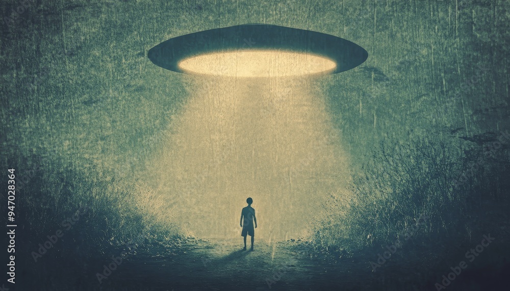 Vintage 2d illustration of an alien abduction scene capturing a ...