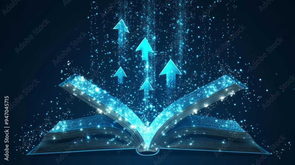 Abstract digital open book and light blue growth arrows. Skill levels ...