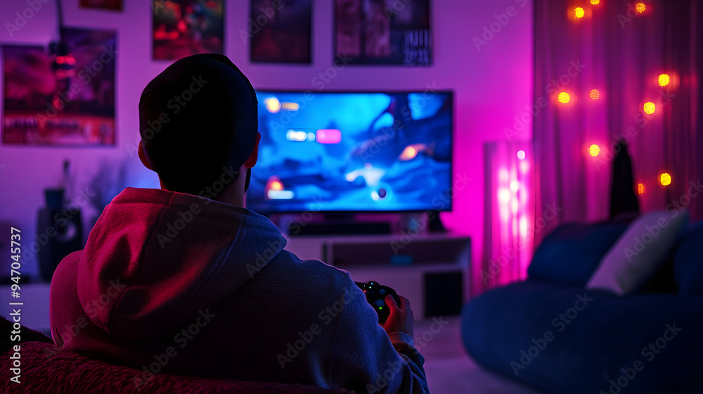Gamer in dimly lit room intensely focused on new video game release on ...