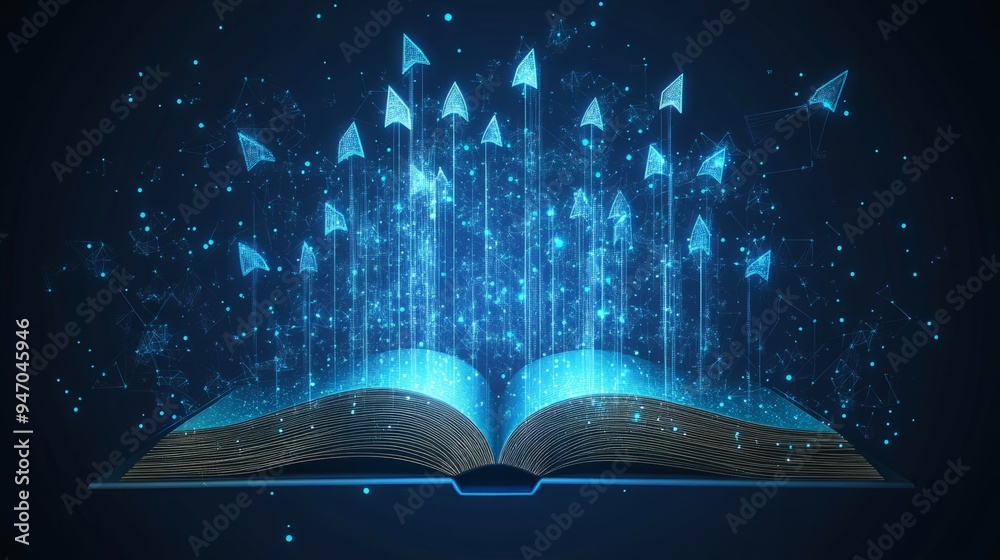 Abstract digital open book and light blue growth arrows. Skill levels ...