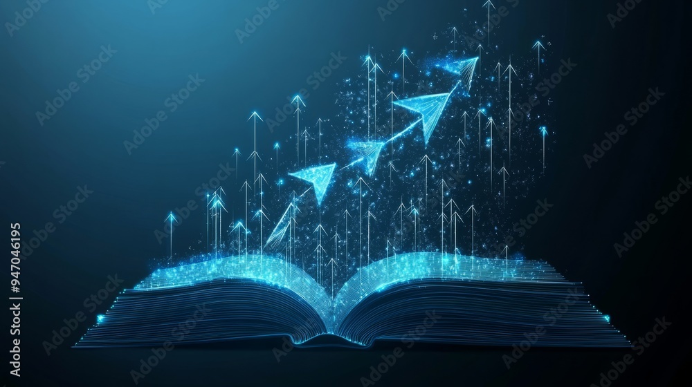 Abstract digital open book and light blue growth arrows. Skill levels ...