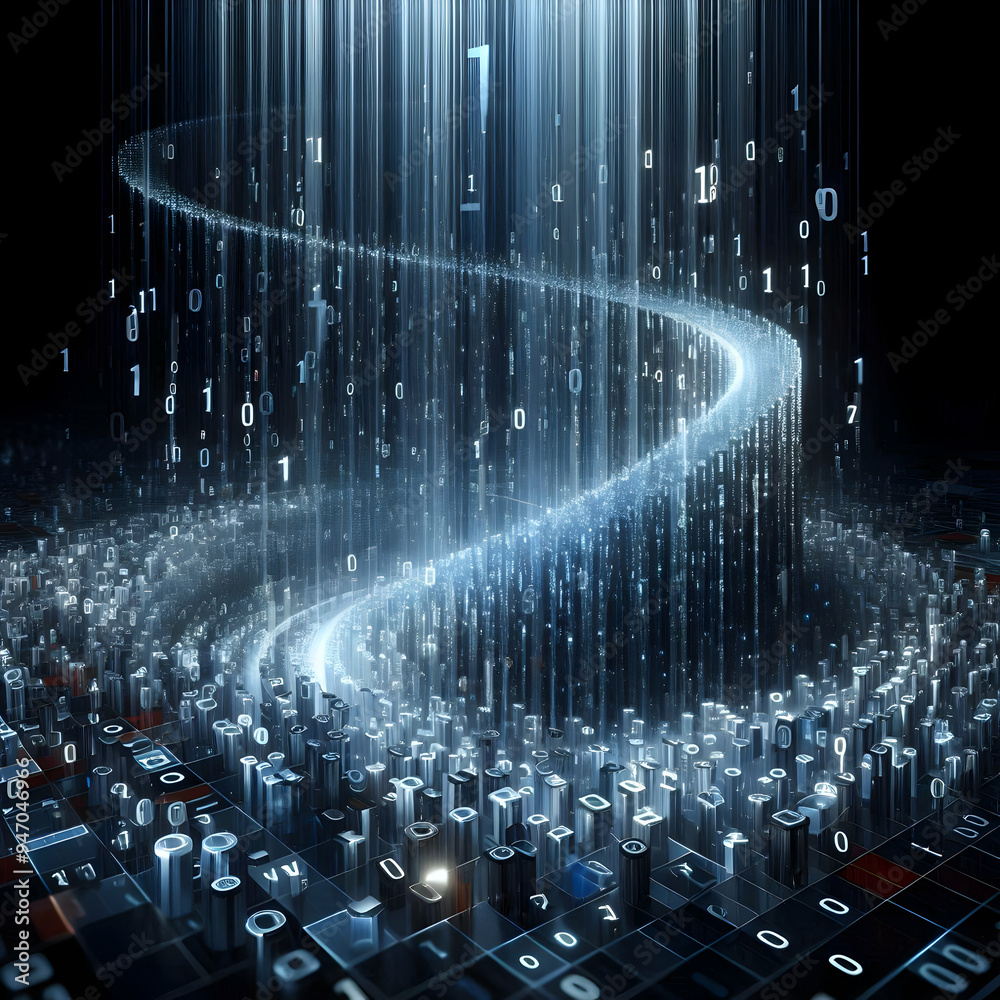 Dynamic Data Management: Glossy Binary Code Cascading on Futuristic Background, Conceptualizing ...