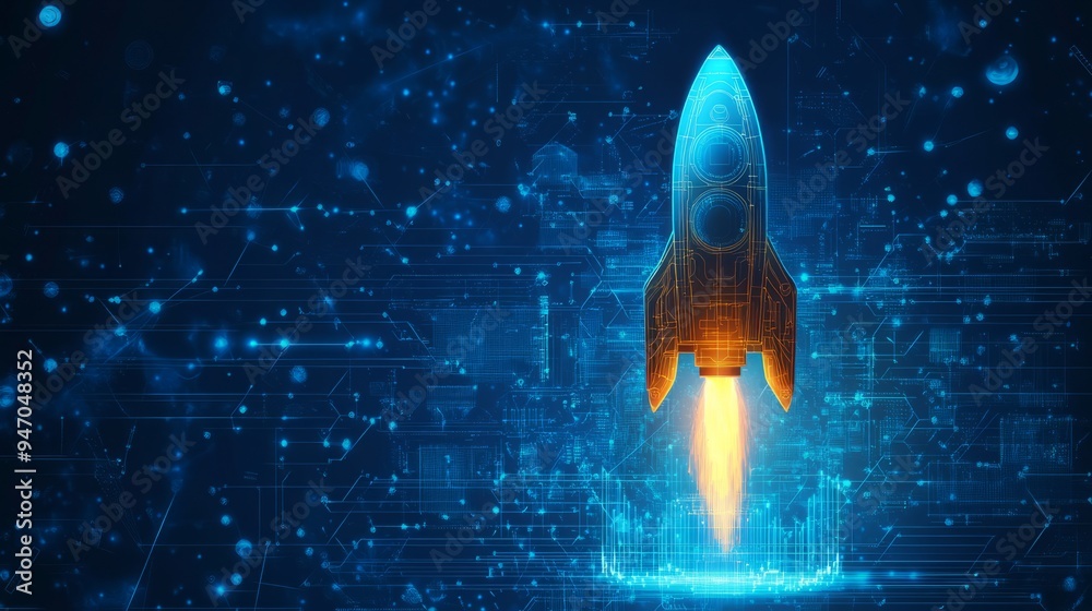 Abstract digital rocket, light CPU processor on technology blue ...