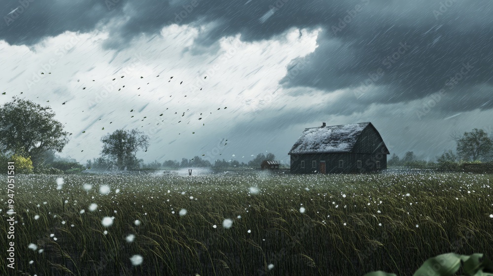 Stormy countryside scene with an old barn, dark clouds, and vast field ...