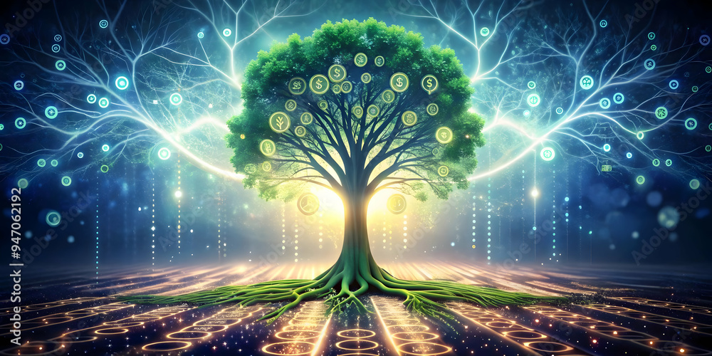 Glowing Abstract Money Tree with Digital Roots and Currency Symbols ...
