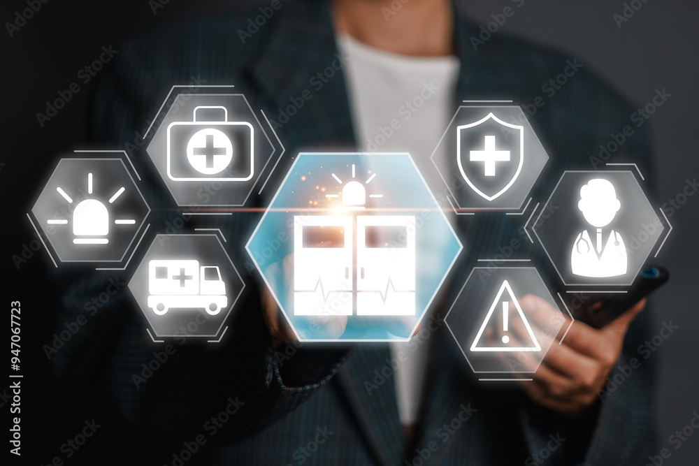 Innovative emergency room concept featuring medical icons and a ...