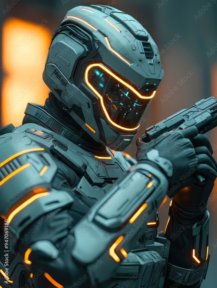 Futuristic soldier in advanced armor, displaying technology and ...