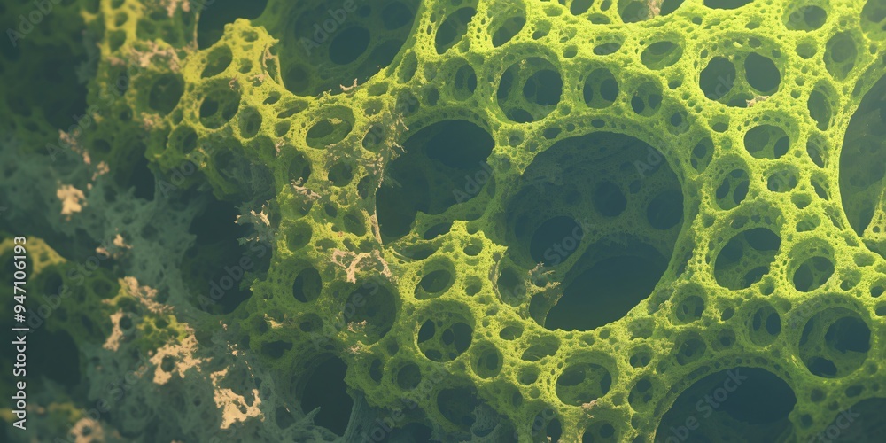 Microscopic view of vibrant green algae cells with intricate bubble ...