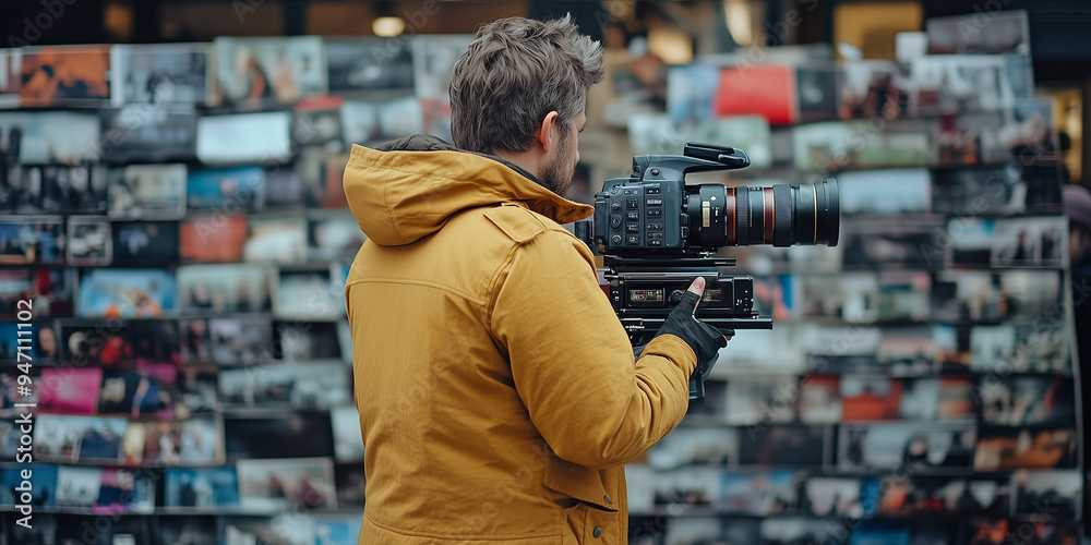 Journalist with Camera. A journalist in a yellow jacket holds a ...