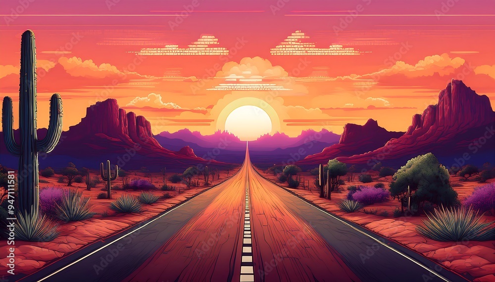 Pixelated Endless Desert Highway - a long, straight desert 16 bit pixel ...