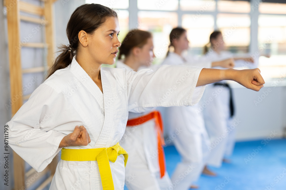 Kata karate woman teacher conducts female classes and performs ...