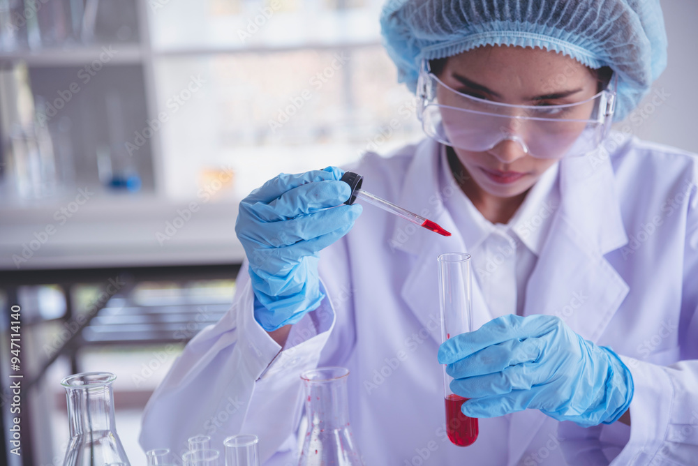 Scientist woman holding chemical test glass tube testing science ...