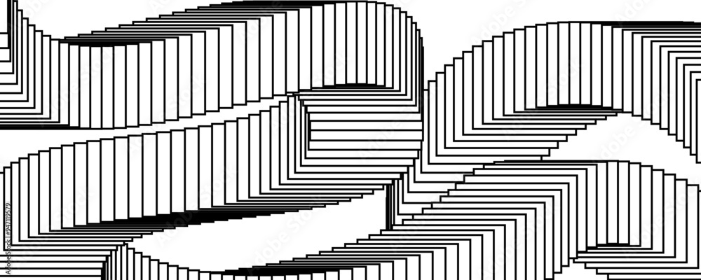 Wavy poster design background with flying cards or frames. Black and ...