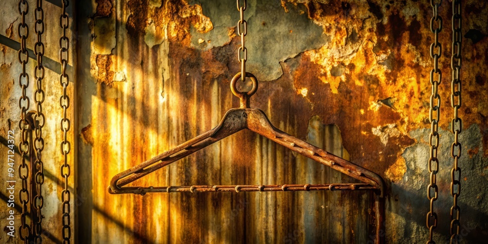 Industrial decay meets rebirth as a rusty hanger hangs suspended ...