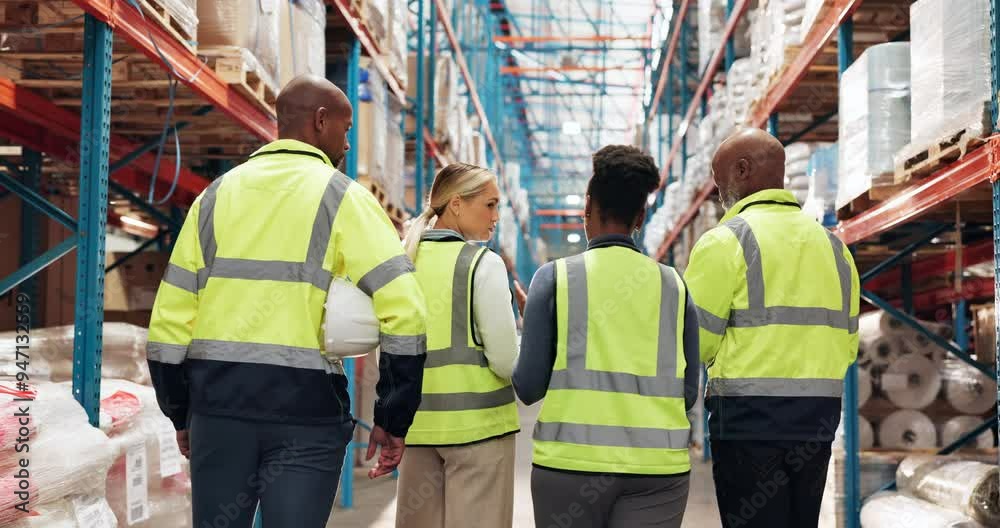 People, logistics and walking in warehouse for inspection, compliance ...