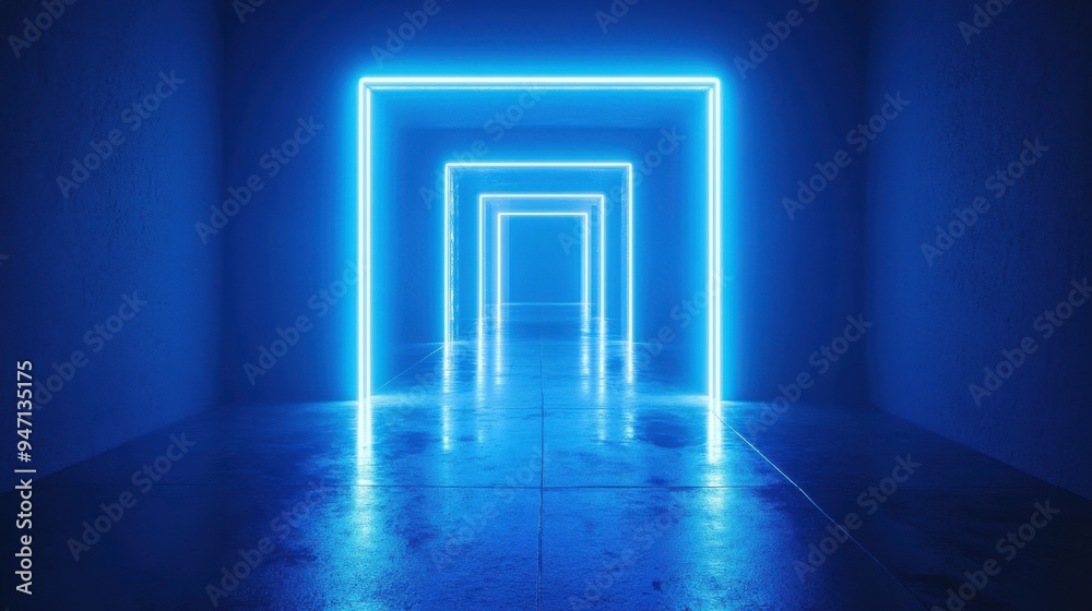 Futuristic neon door formed by blue lines of light in a symmetrical ...