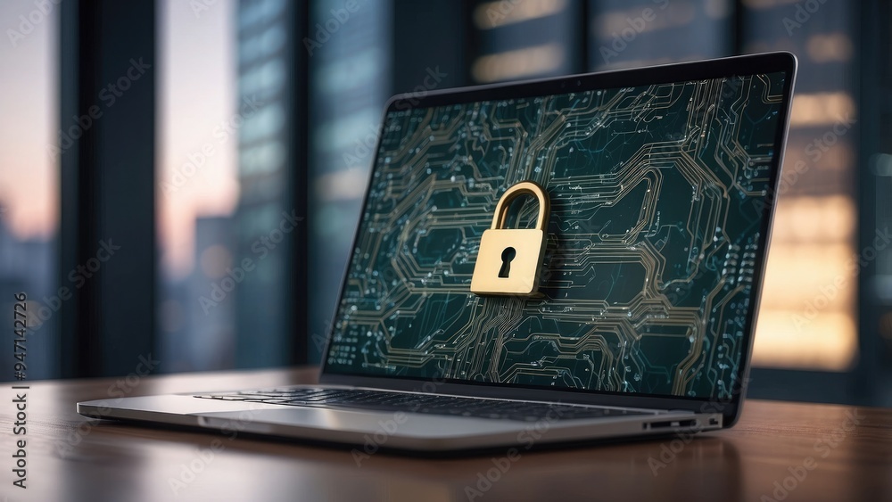 A laptop on a desk with a blurry office background and a lock icon ...